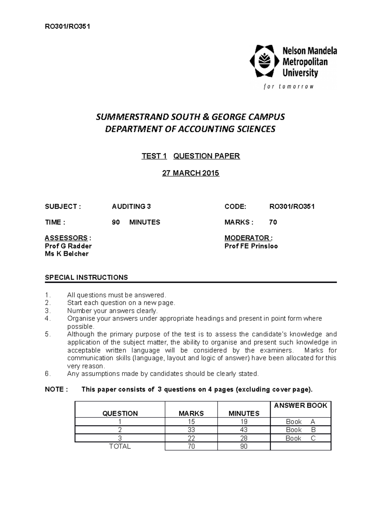 RO301 Test 1 Questions 2015 - SUMMERSTRAND SOUTH & GEORGE CAMPUS ...