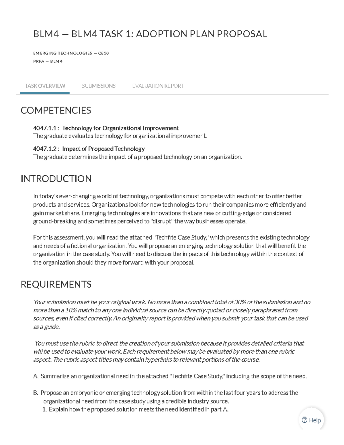 C850 WGU Performance Assessment Rubric - BLM4 — BLM4 TASK 1: ADOPTION ...