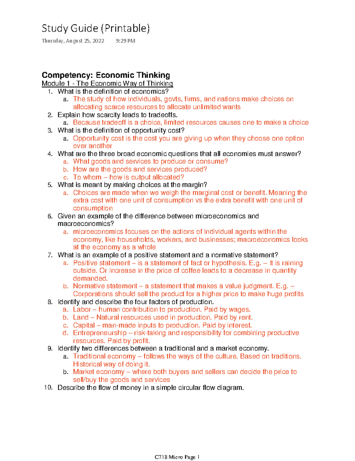 Study Guide (Printable) - Competency: Economic Thinking Module 1 - The ...