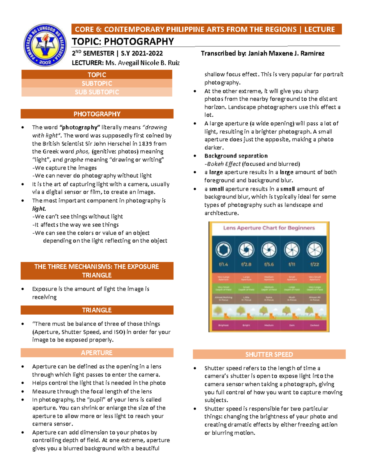 Lesson 8 - Photography - TOPIC SUBTOPIC SUB SUBTOPIC PHOTOGRAPHY • The ...