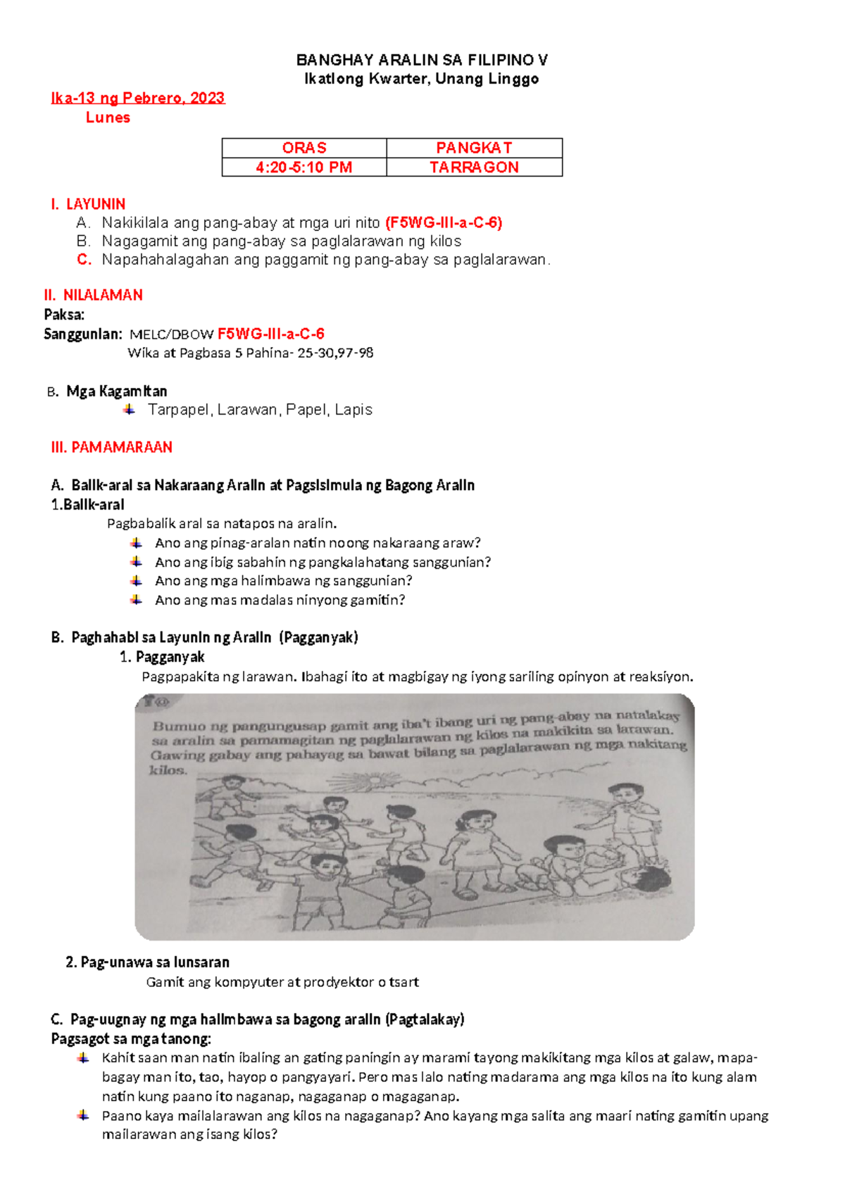 3RD WEEK 1 DAY 1 - Lesson Plan Pang-abay - BANGHAY ARALIN SA FILIPINO V ...