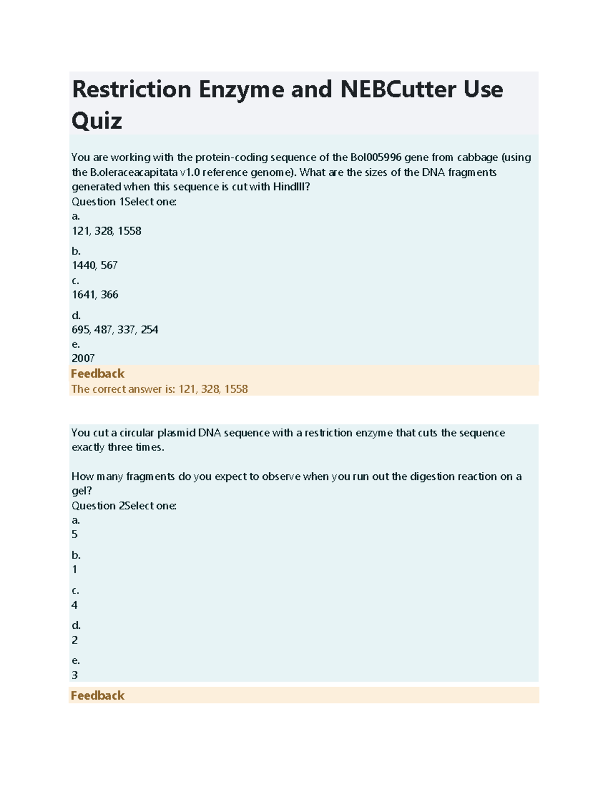 Restriction Enzyme and NEBCutter Use Quiz - Restriction Enzyme and ...