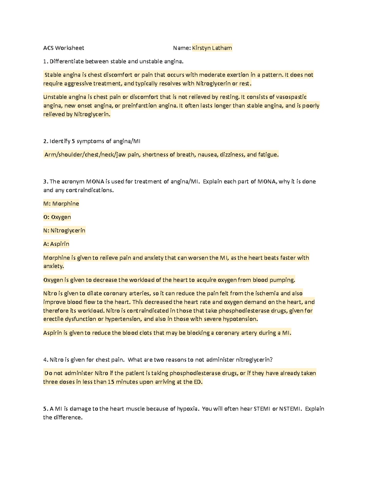 ACS Worksheet - Stable angina is chest discomfort or pain that occurs ...