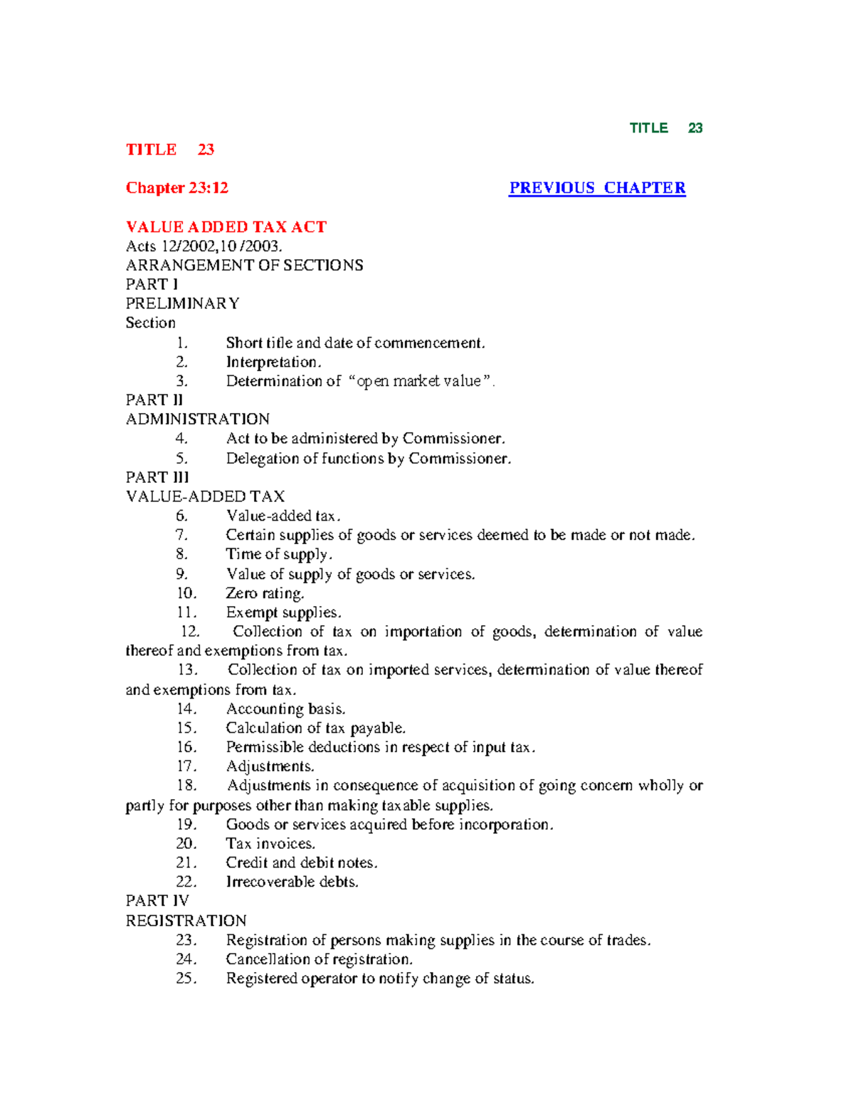 Value Added Tax Act VAT Act TITLE 23 TITLE 23 Chapter 23 12