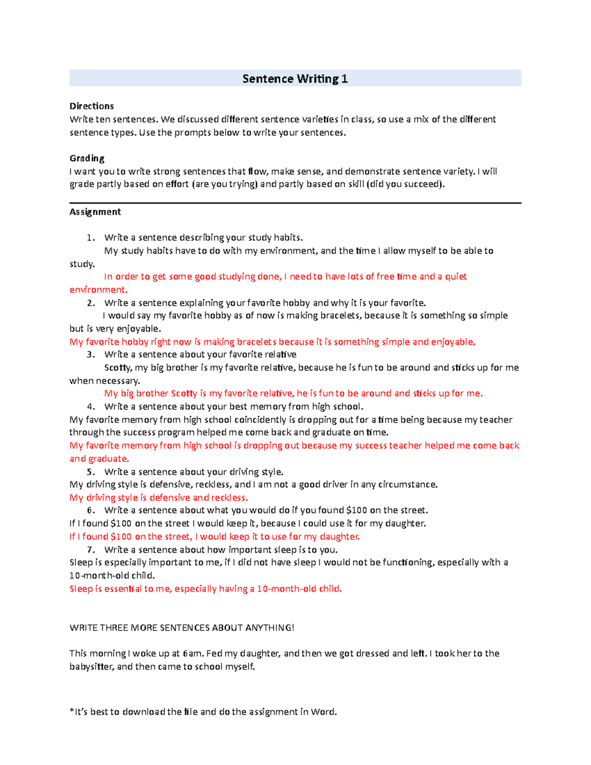 Sentence Writing 1 Chloe Nelson - Sentence Writing 1 Directions Write ...