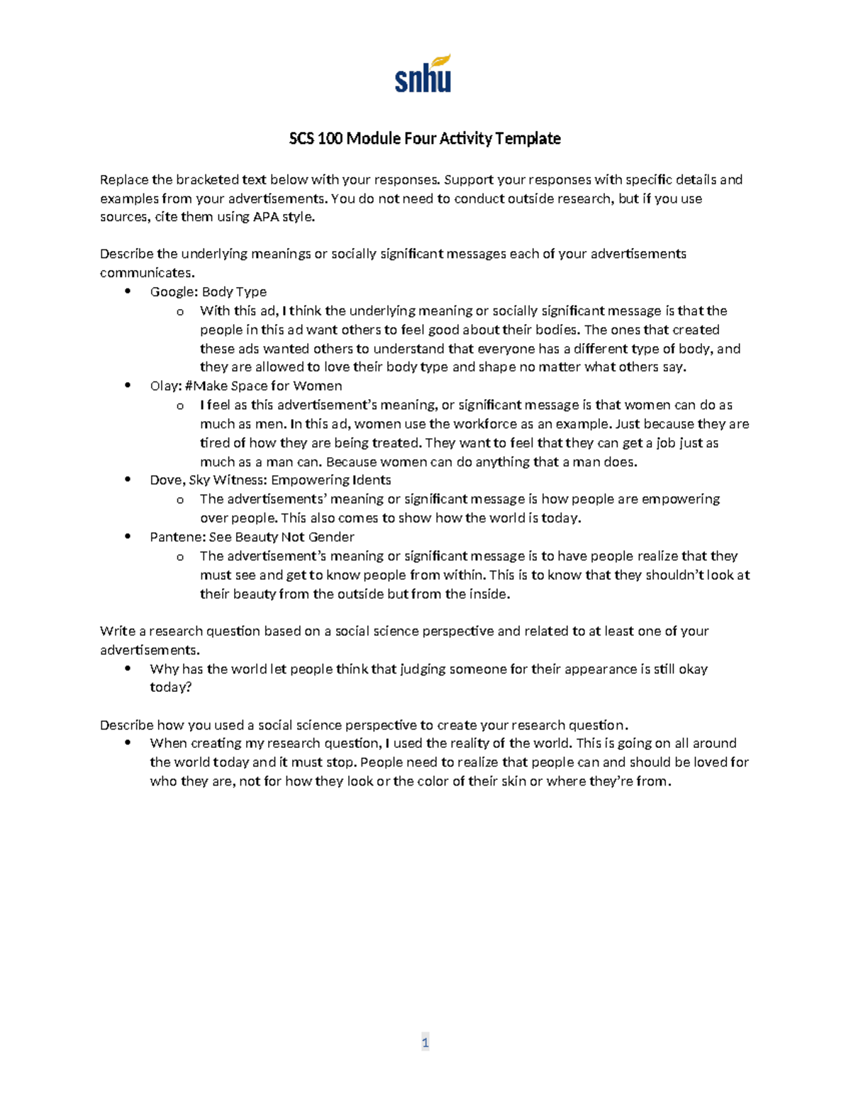 SCS 100 Module Four Activity Template - SCS 100 Module Four Activity Template Replace the ...