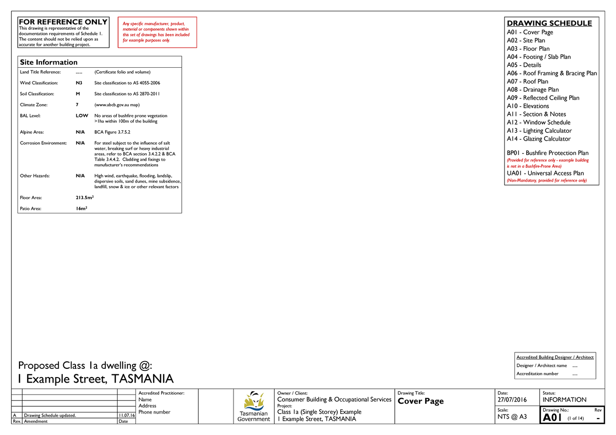 Schedule 1 Single Storey - North FOR REFERENCE ONLY This drawing is ...