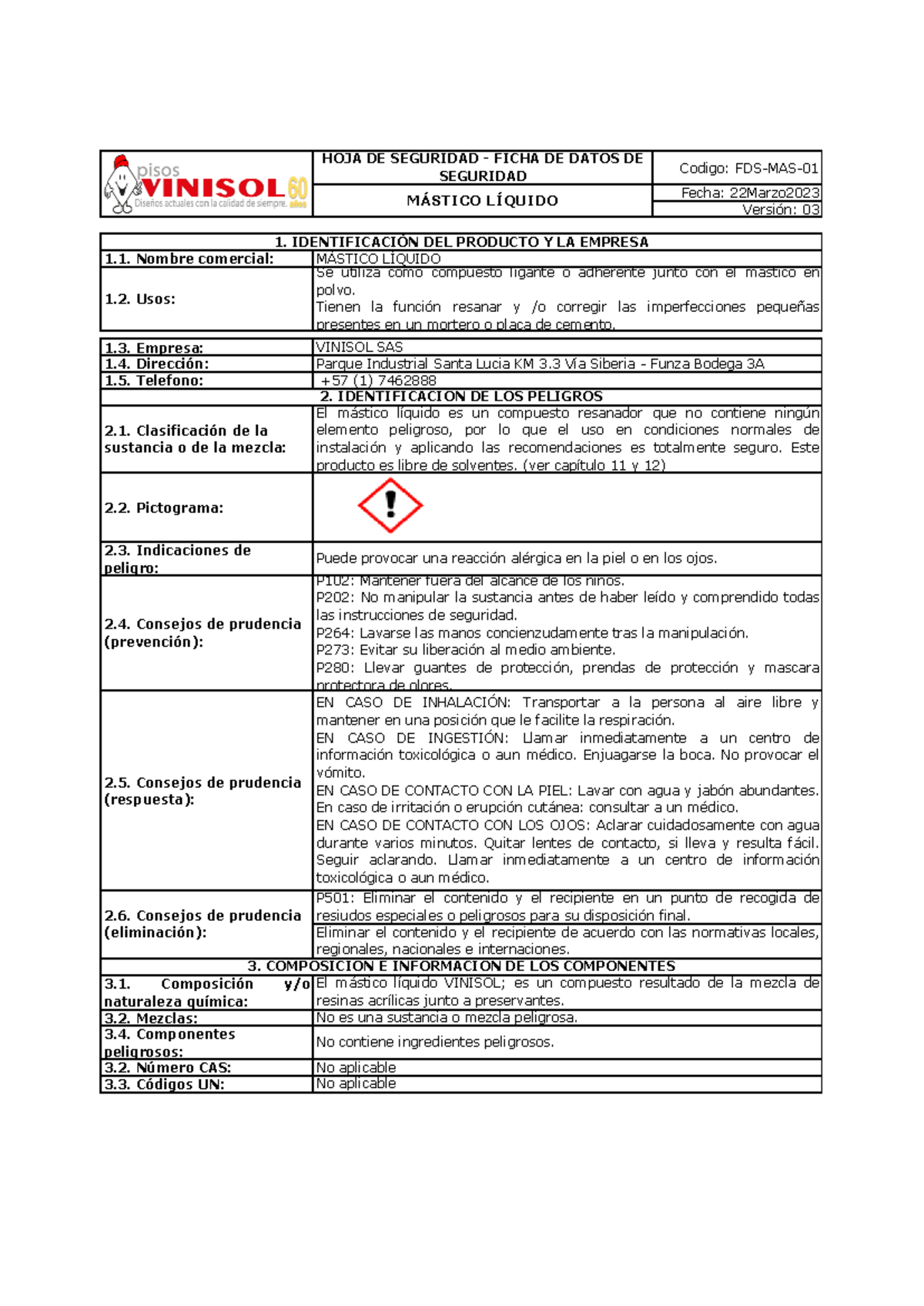 FDS-MAS-01 Ficha Datos de Seguridad Mastico Liquido - Codigo: FDS-MAS ...