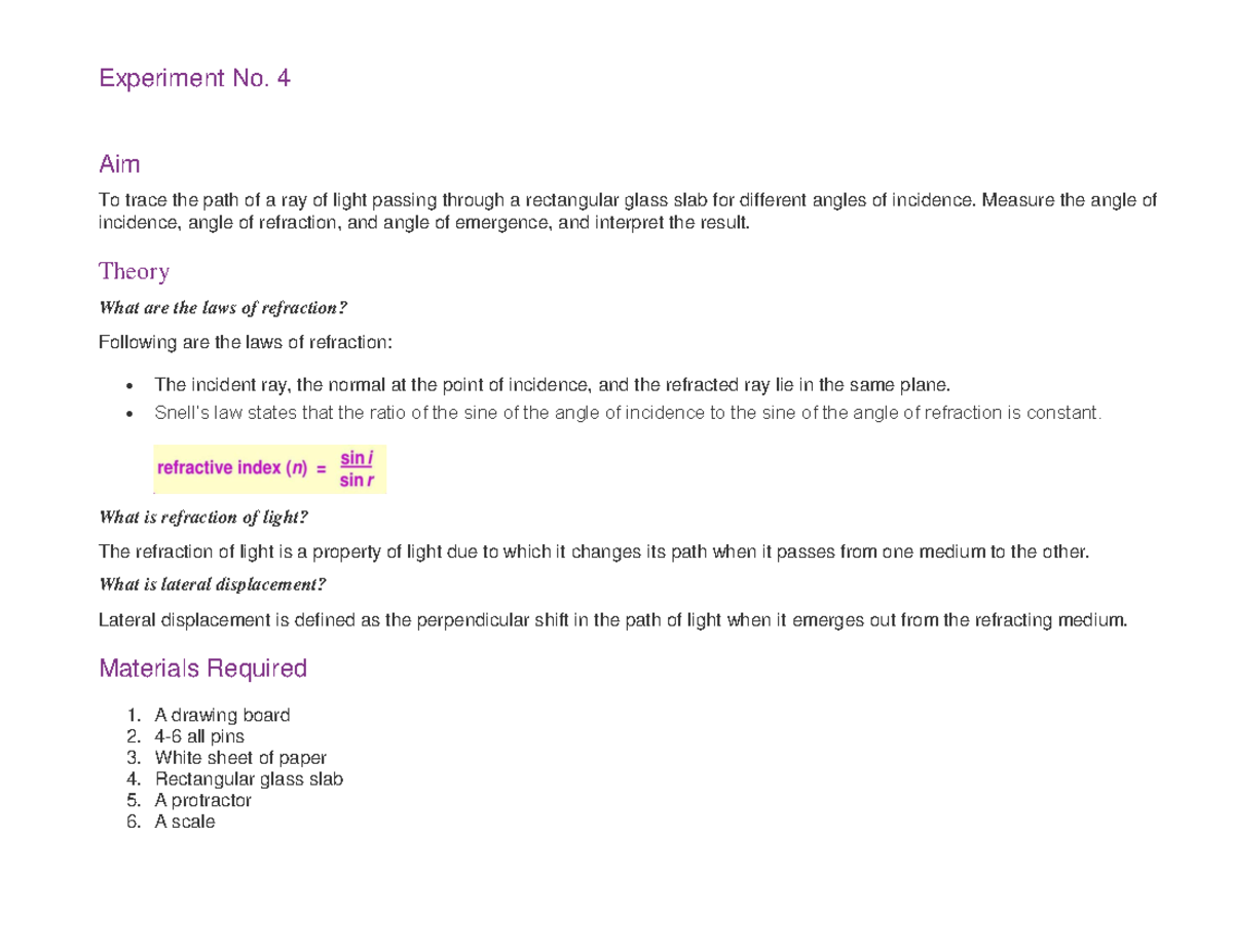 Experiment 4 ( Glass Slab ) - Experiment No. 4 Aim To trace the path of a ray of light passing ...
