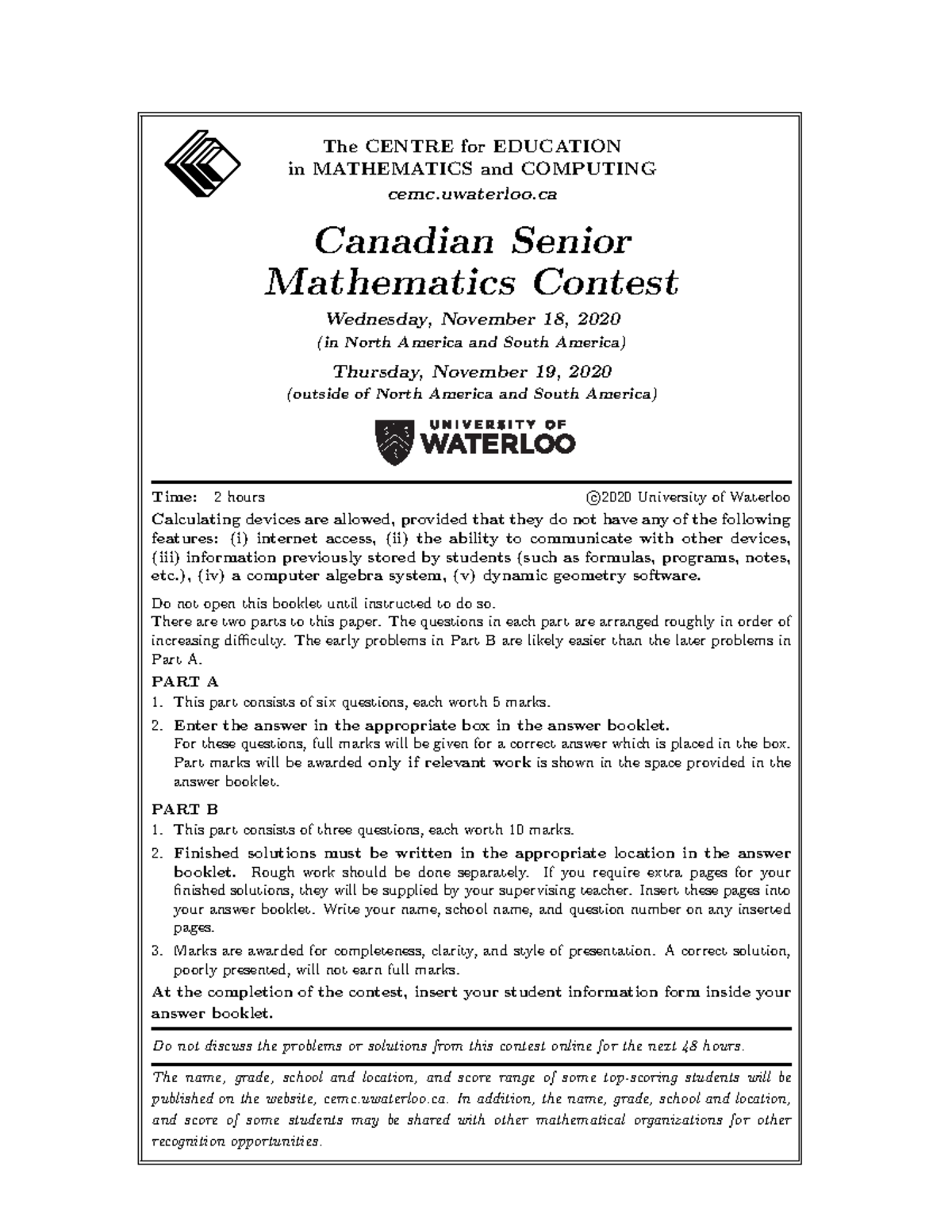 2020CSMC - csmc - The CENTRE for EDUCATION in MATHEMATICS and COMPUTING ...