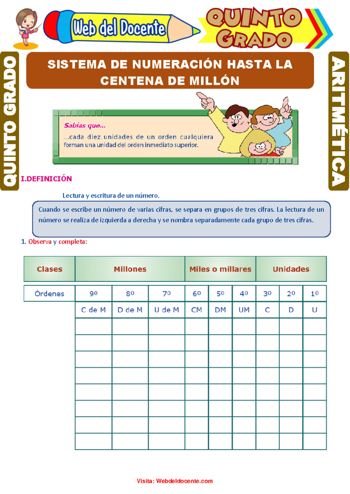Sistema de Numeración hasta la Centena del Millón para Quinto Grado de ...