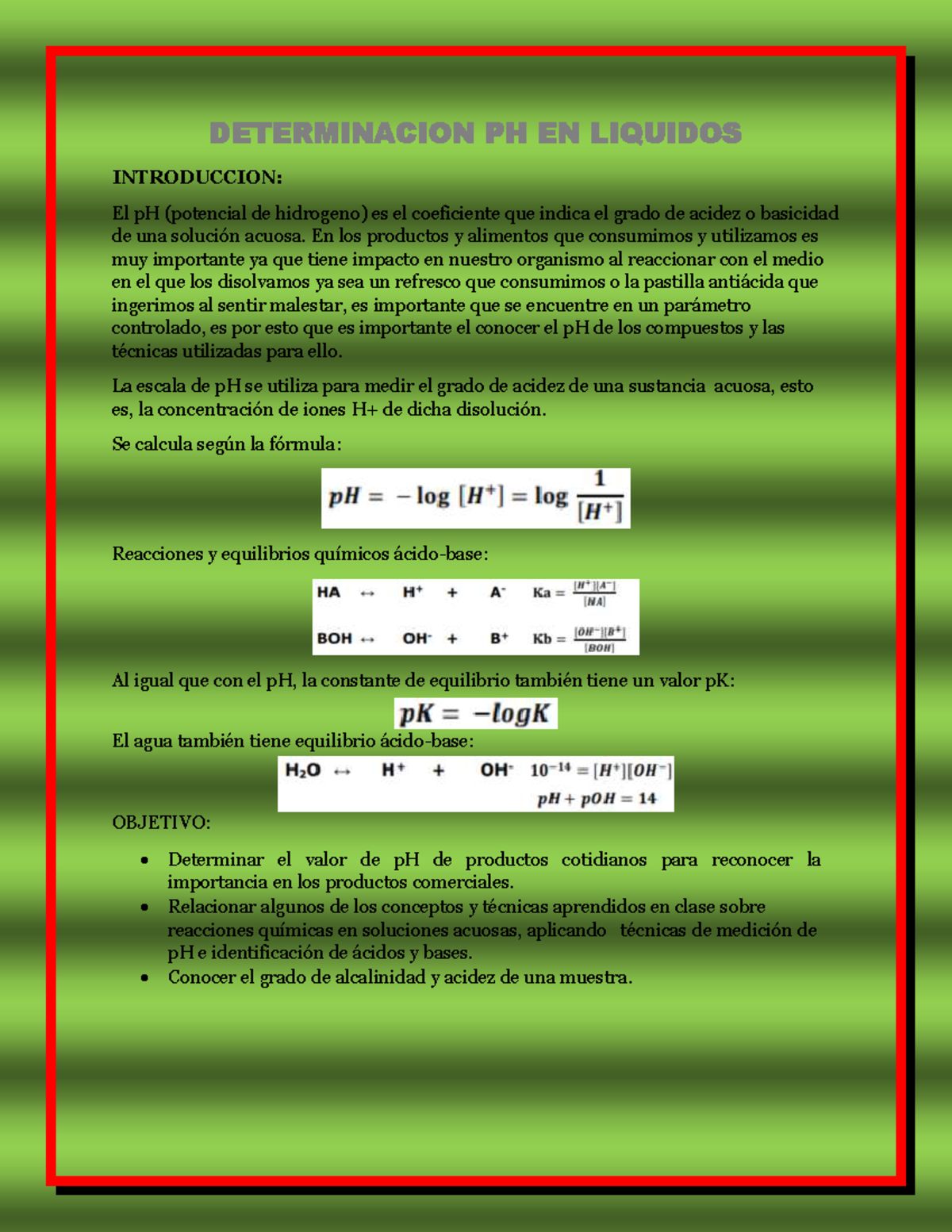 Practina Determinacion DEL p H EN Liquidos - DETERMINACION PH EN LIQUIDOS INTRODUCCION: El pH ...