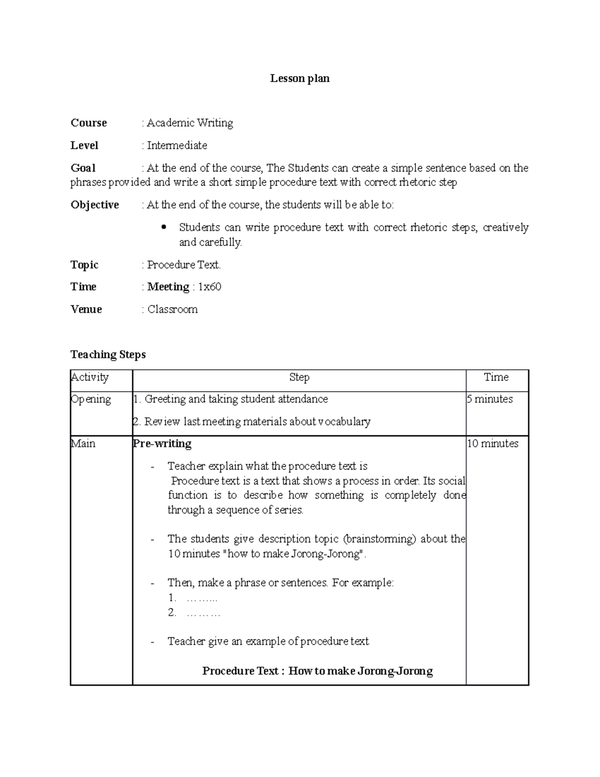 Lesson plan writing - Lesson plan Course : Academic Writing Level ...