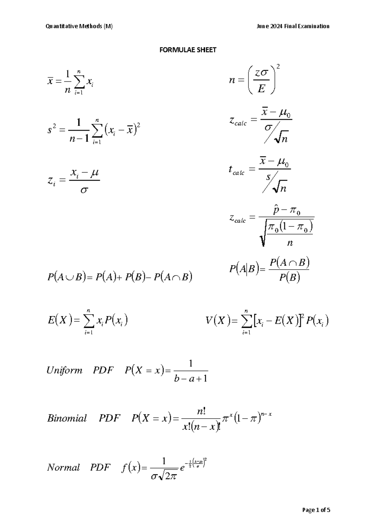Formulae & Tables - FORMULAE SHEET n i xi n x 1 1 2 E z n n i xi - Studocu