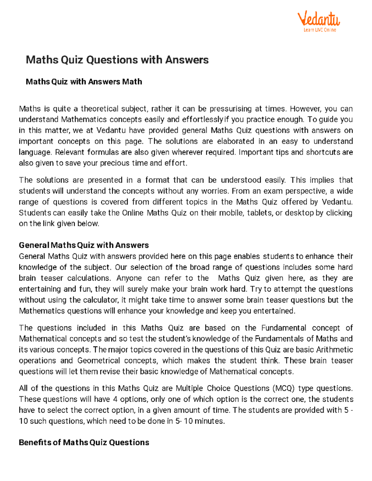 Maths Quiz Questions with Answers - Bsc maths - Studocu