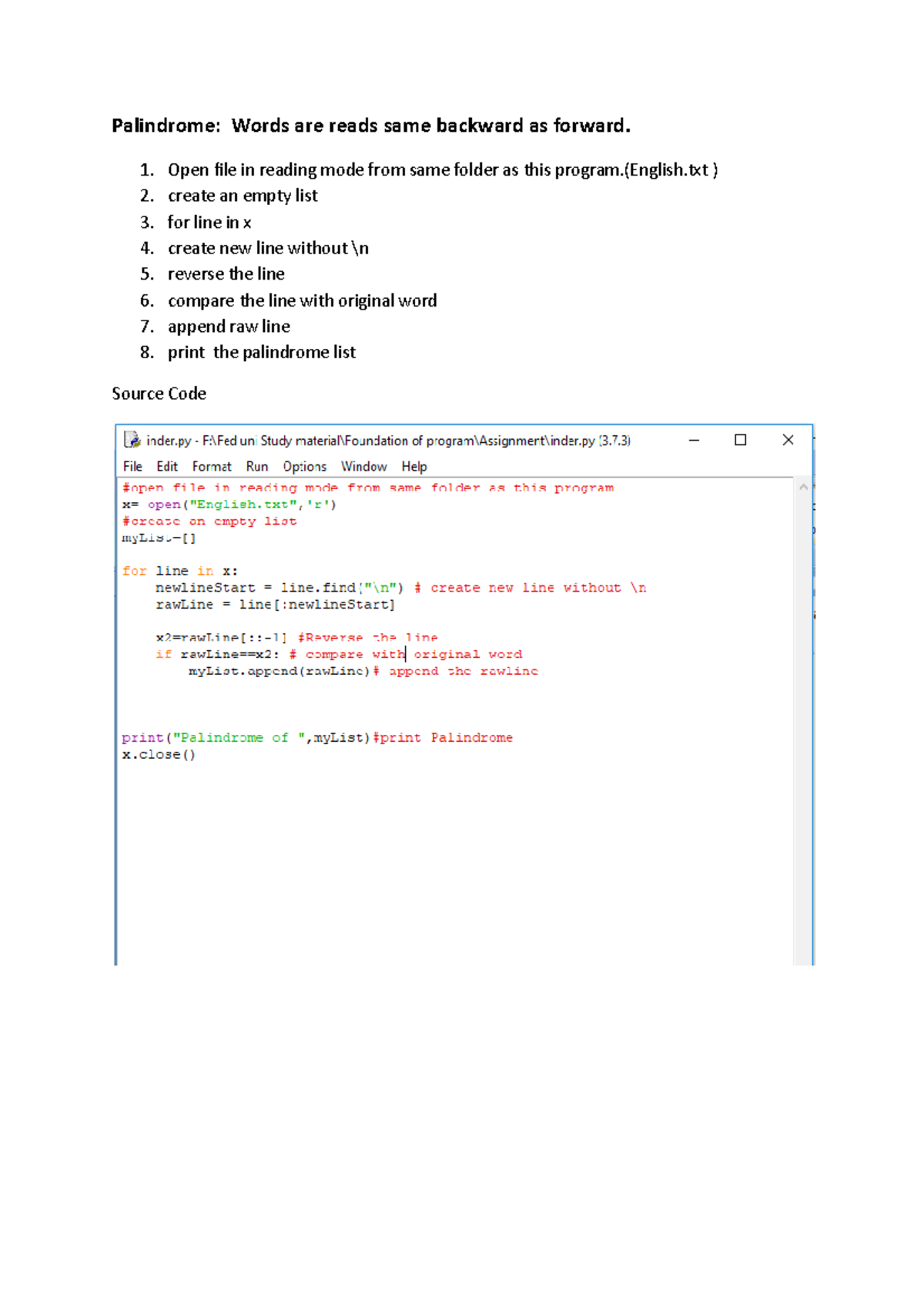 Palindrome - Assignment 1 - ITECH1400 - Palindrome: Words are reads same backward as forward ...