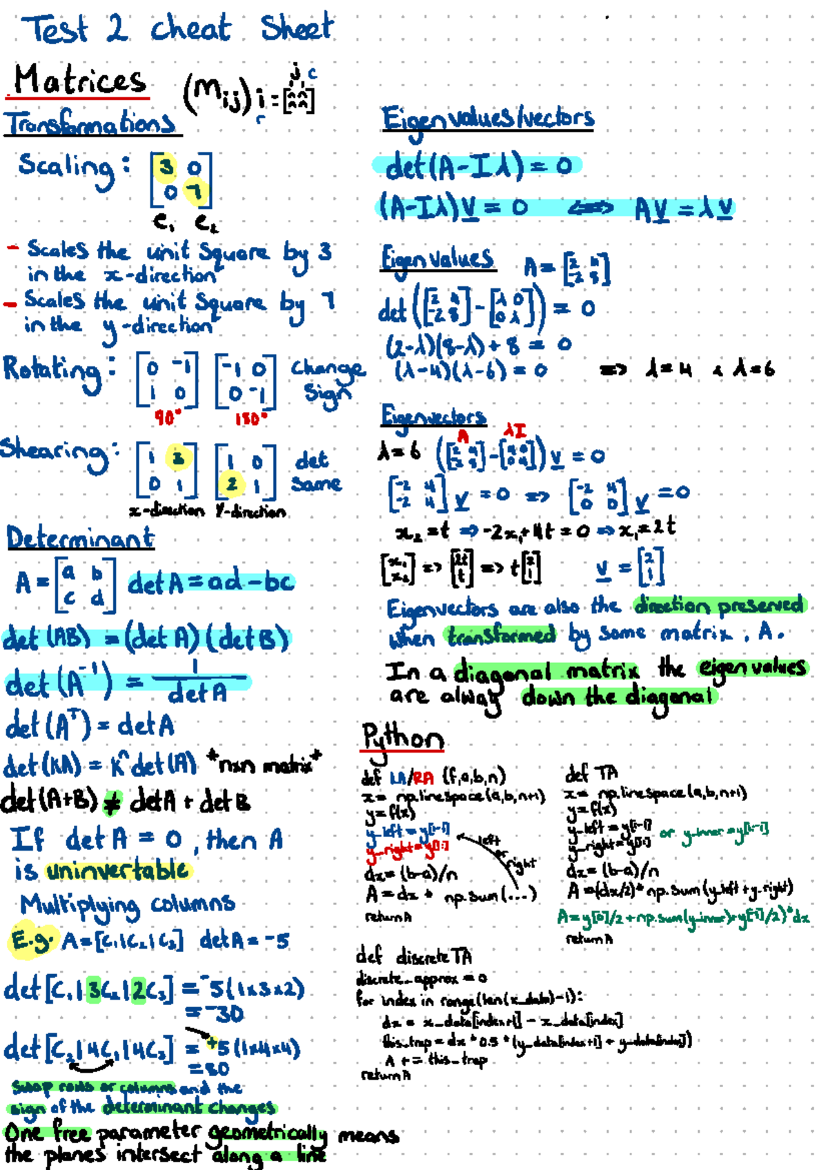 Test 2 Cheat Sheet (Matrices, Integration, ...) - test2 cheat Sheet J ...