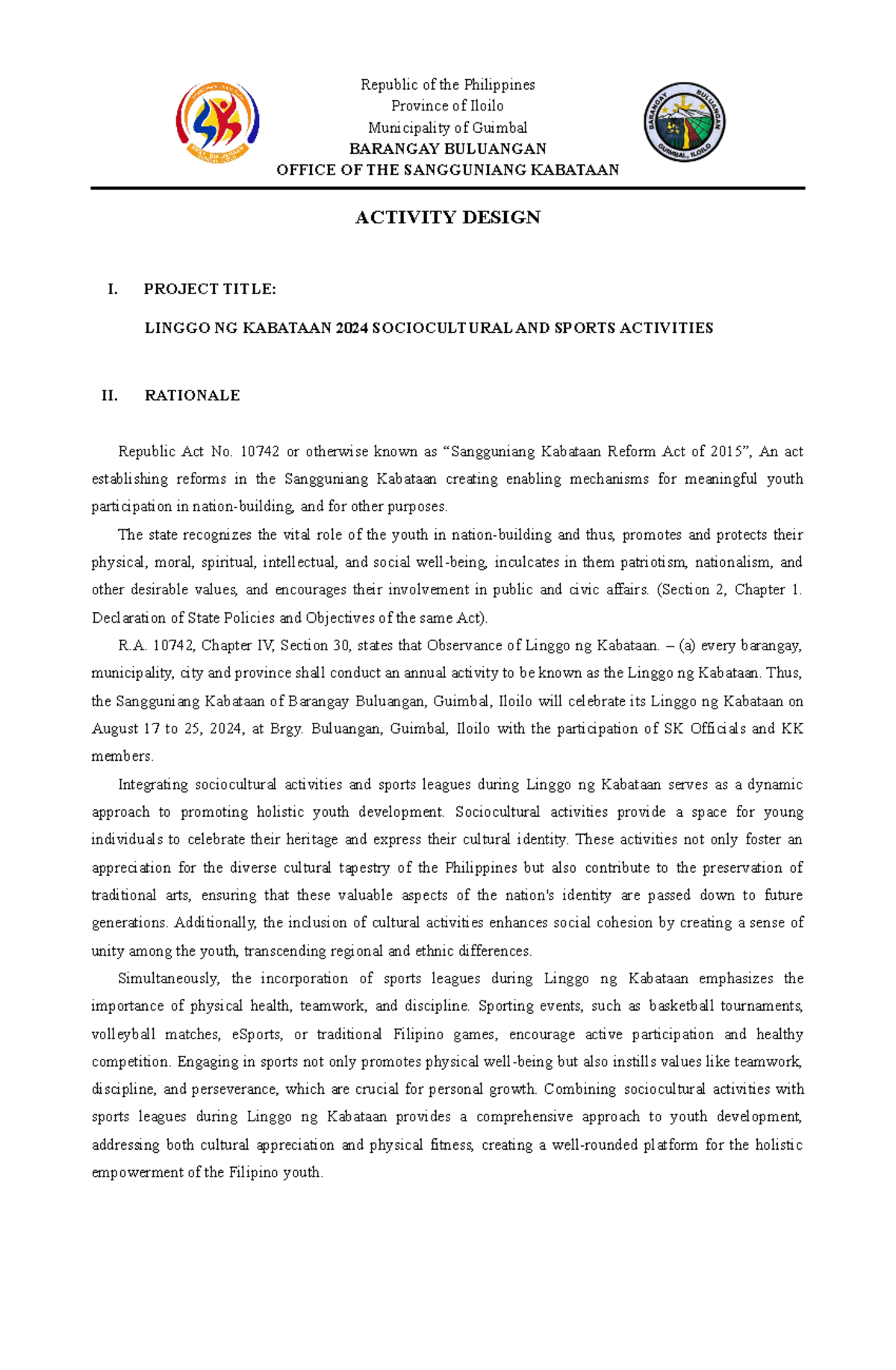 Activity Design-Linggo ng Kabataan 2024 - Republic of the Philippines ...