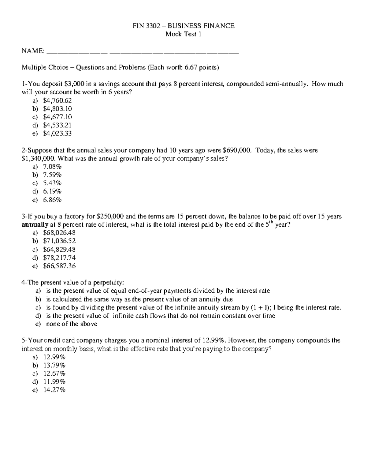 FIN 3302 - Mock Exams - Practice exam - FIN 3302 – BUSINESS FINANCE ...