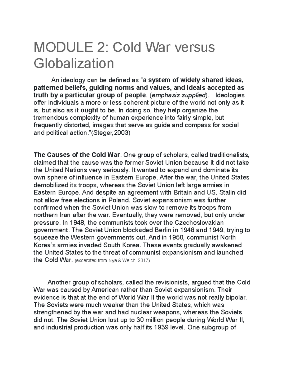 Module 2 - LECTURE - MODULE 2: Cold War versus Globalization An ...