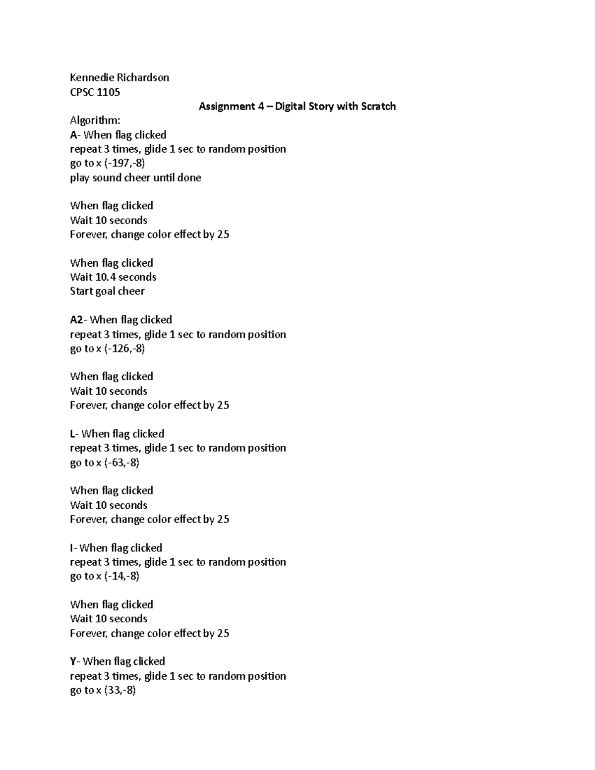 Scratch Assignment - Kennedie Richardson CPSC 1105 Assignment 4 ...