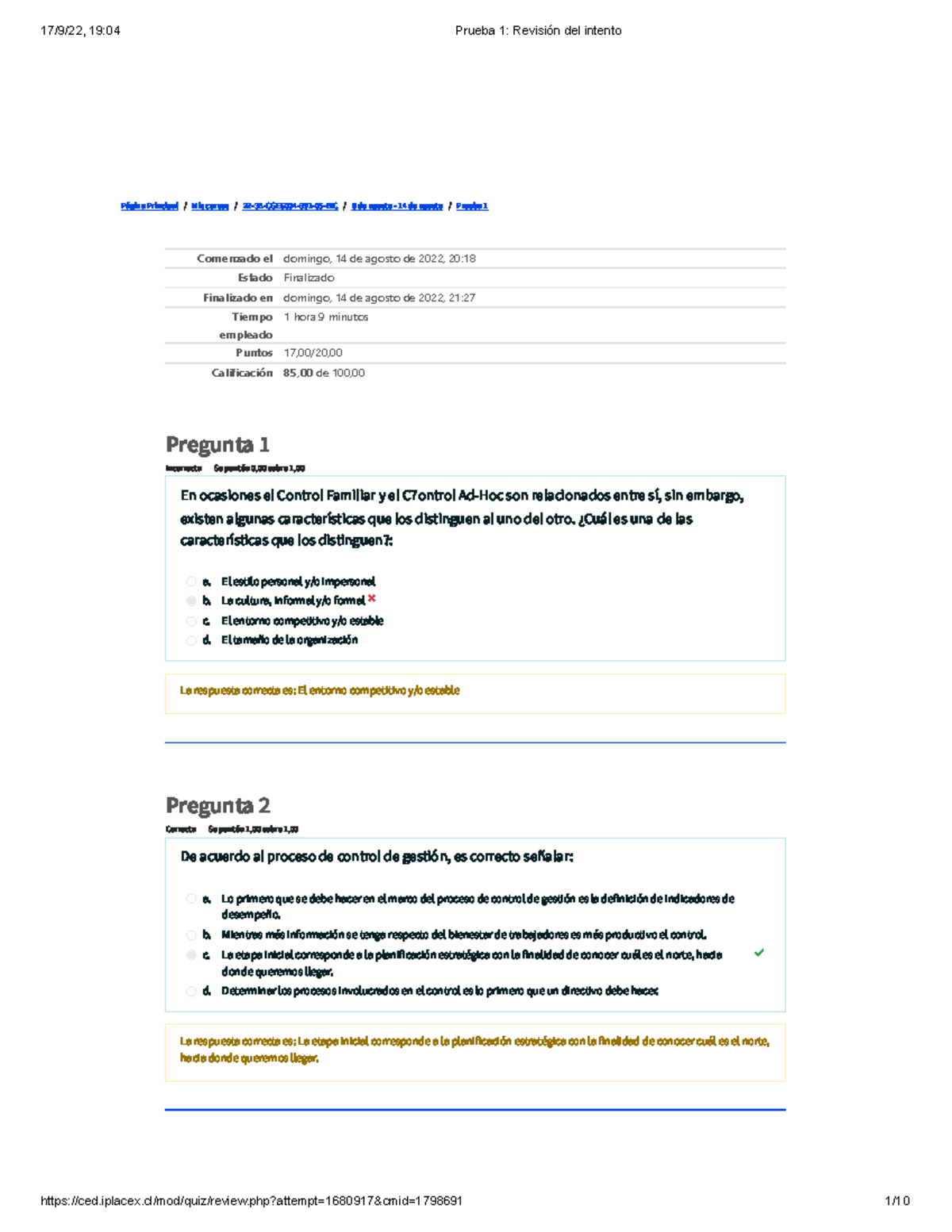 Prueba 1 CONTROL DE GESTION - Página Principal / Mis cursos / 22-3B ...