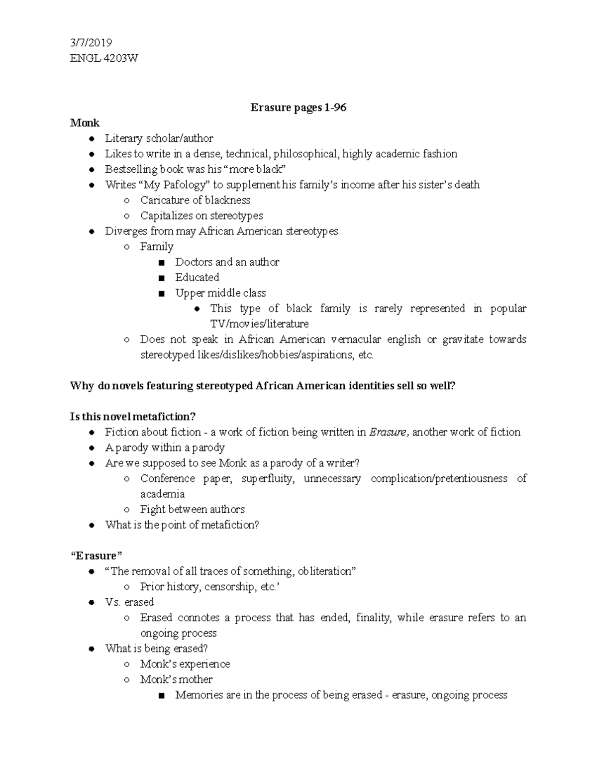 Erasure, Percival Everett Notes I - 3/7/ ENGL 4203W Erasure pages 1 ...