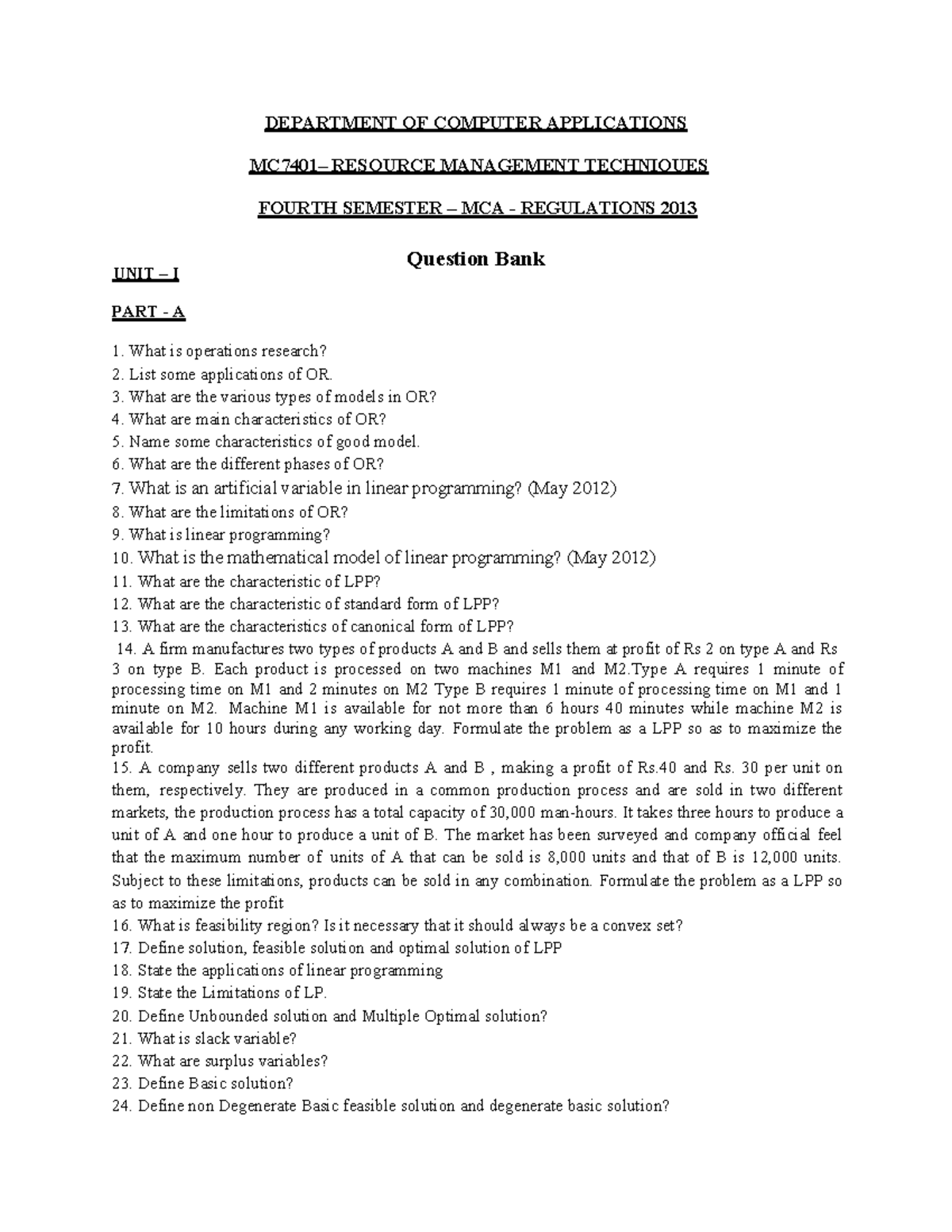 Mc7401 Resource Management Techniques Question Bank Department Of Computer Applications Mc7401