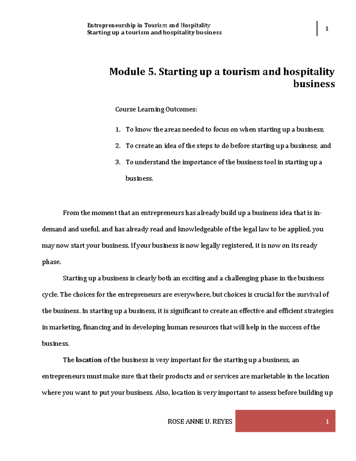 W7 Module 5- Starting up a Tourism and Hospitality Business - Module 5 ...