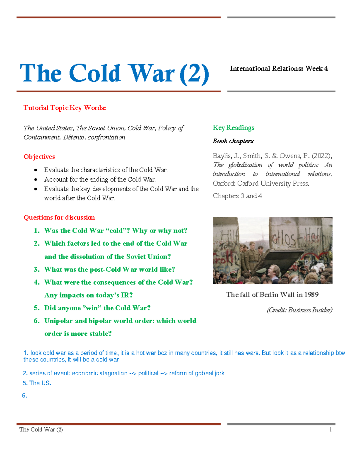 Week 4 Tutorial sheet - The end of the Cold War - The Cold War (2) 1 ...