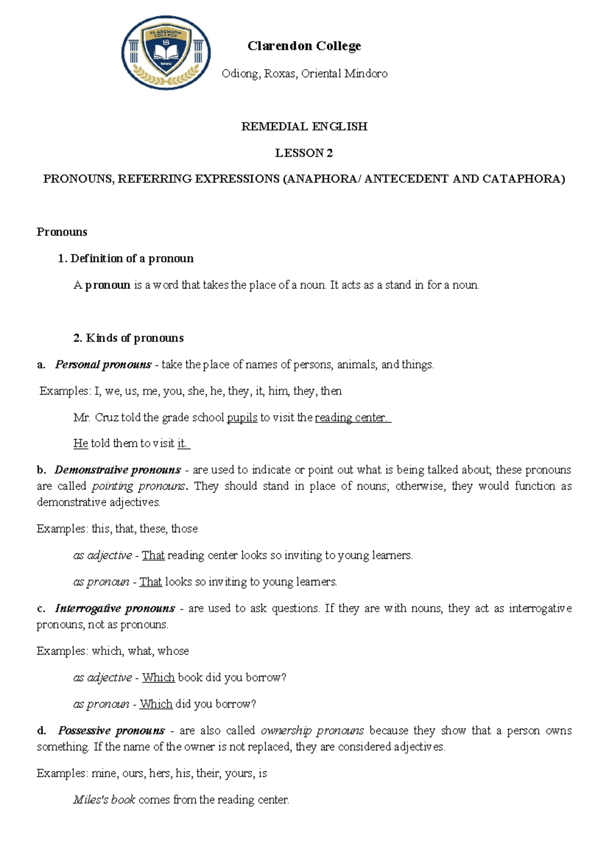 Remedial English (Pronouns) - Clarendon College Odiong, Roxas, Oriental ...