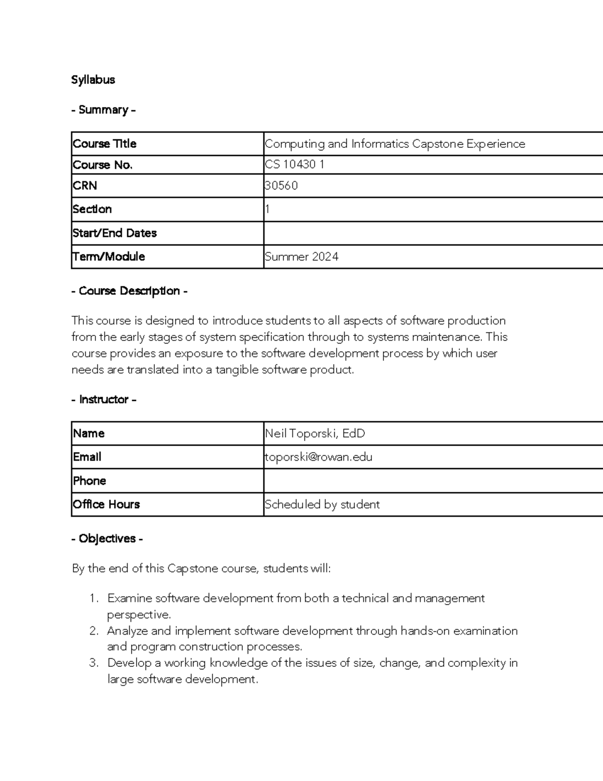 Syllabus Capstone - Syllabus Summary - Course Title Computing and ...