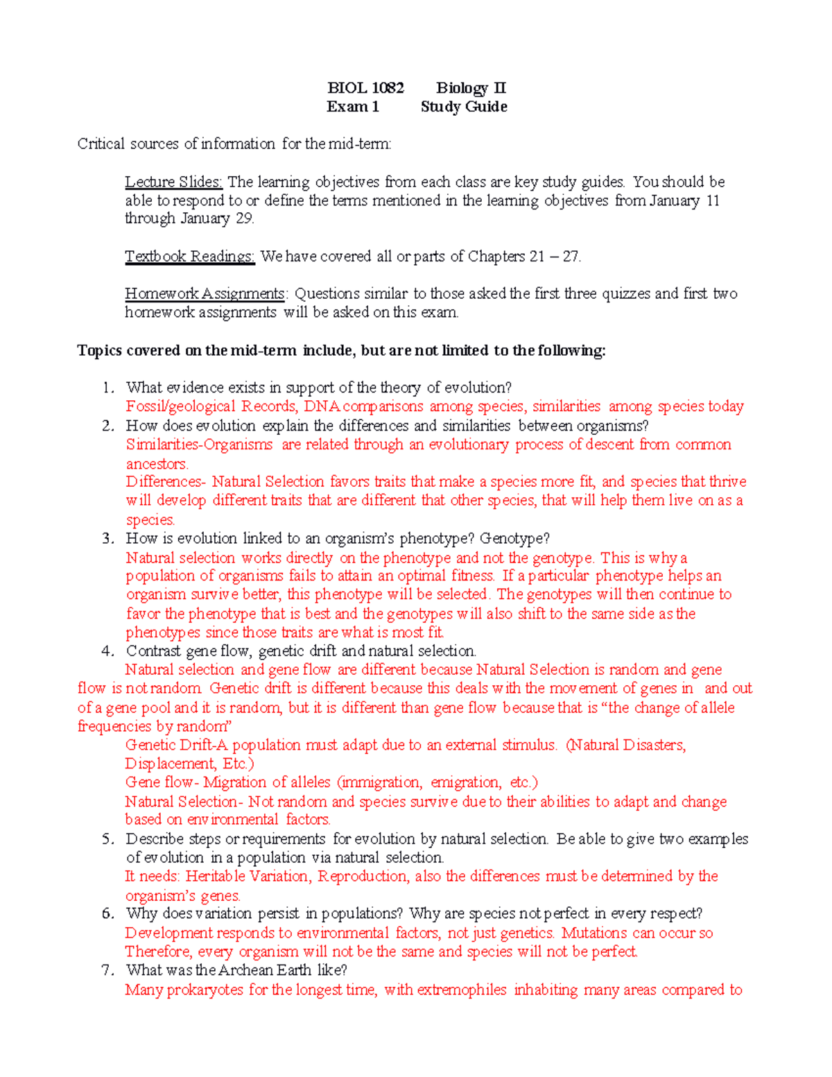 Bio II Exam 1 Study Guide - BIOL 1082 Biology II Exam 1 Study Guide ...