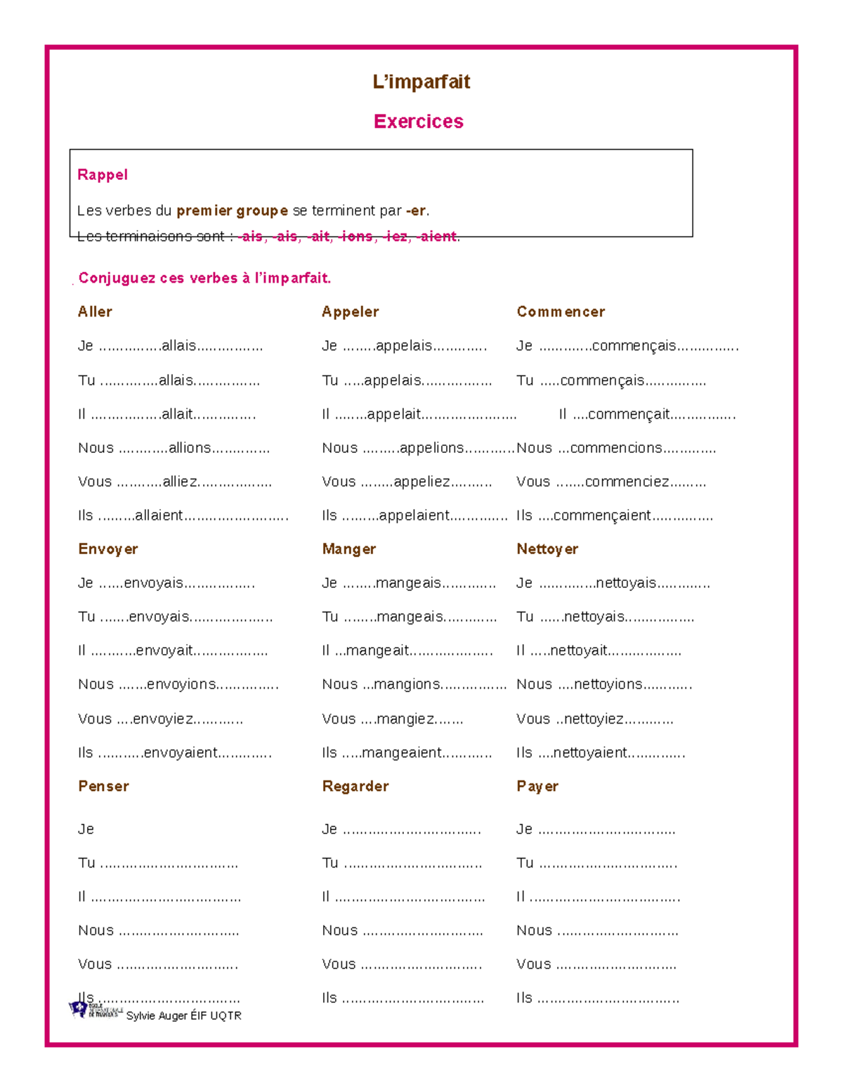 L'imparfait conjugaison Exercices - L’imparfait Exercices Conjuguez ces ...