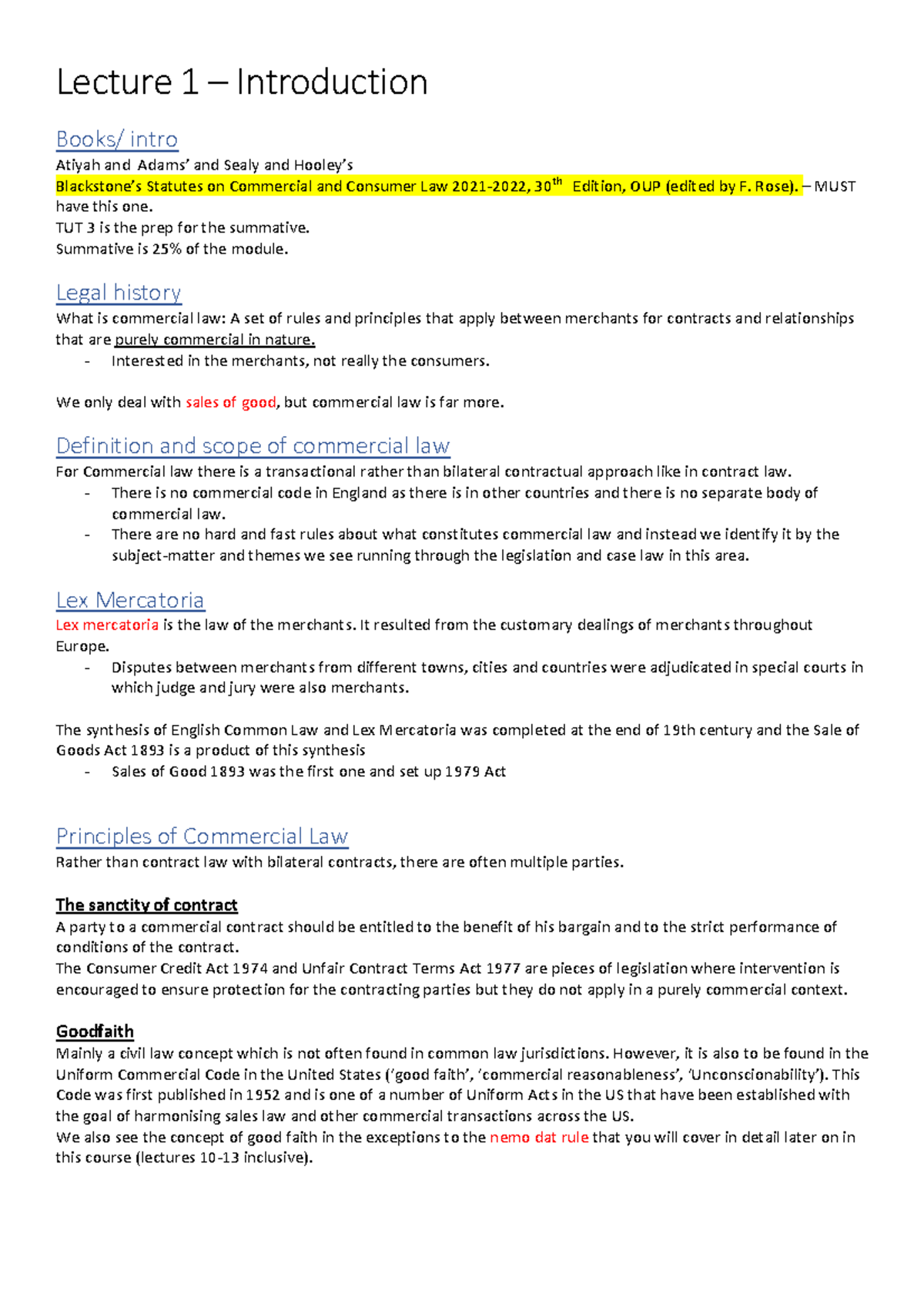 Introduction to Commercial Law Lecture 1 notes - Lecture 1 ...