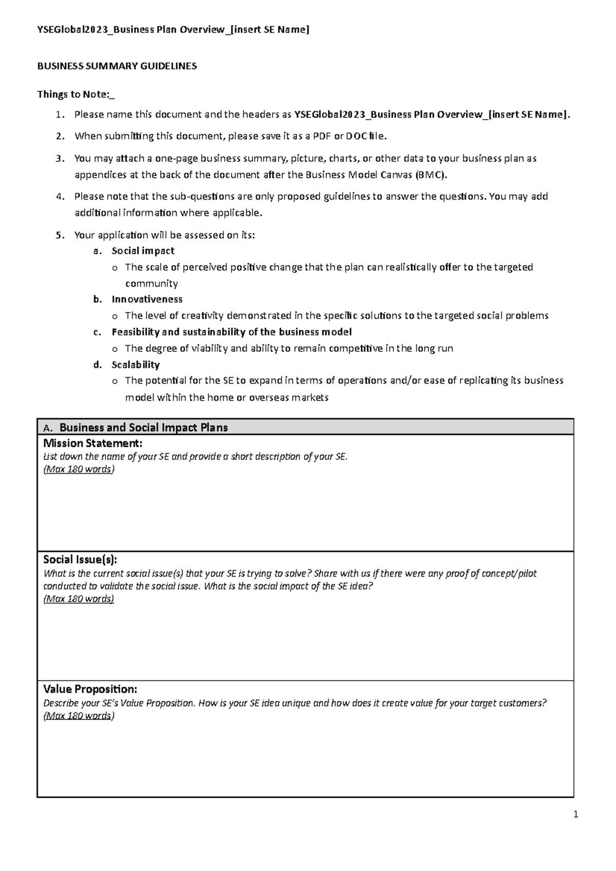 YSE-Global-2023 Application Business Plan Overview Template-1 - BUSINESS SUMMARY GUIDELINES ...