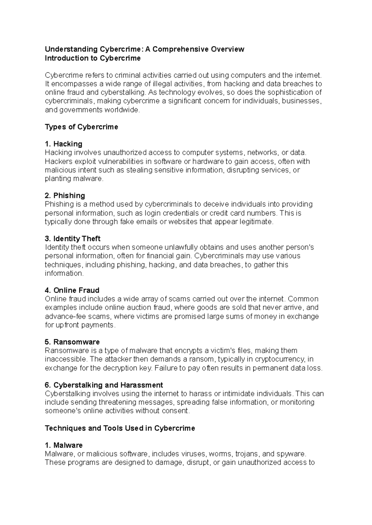 Cybercrime revision notes - Understanding Cybercrime: A Comprehensive ...