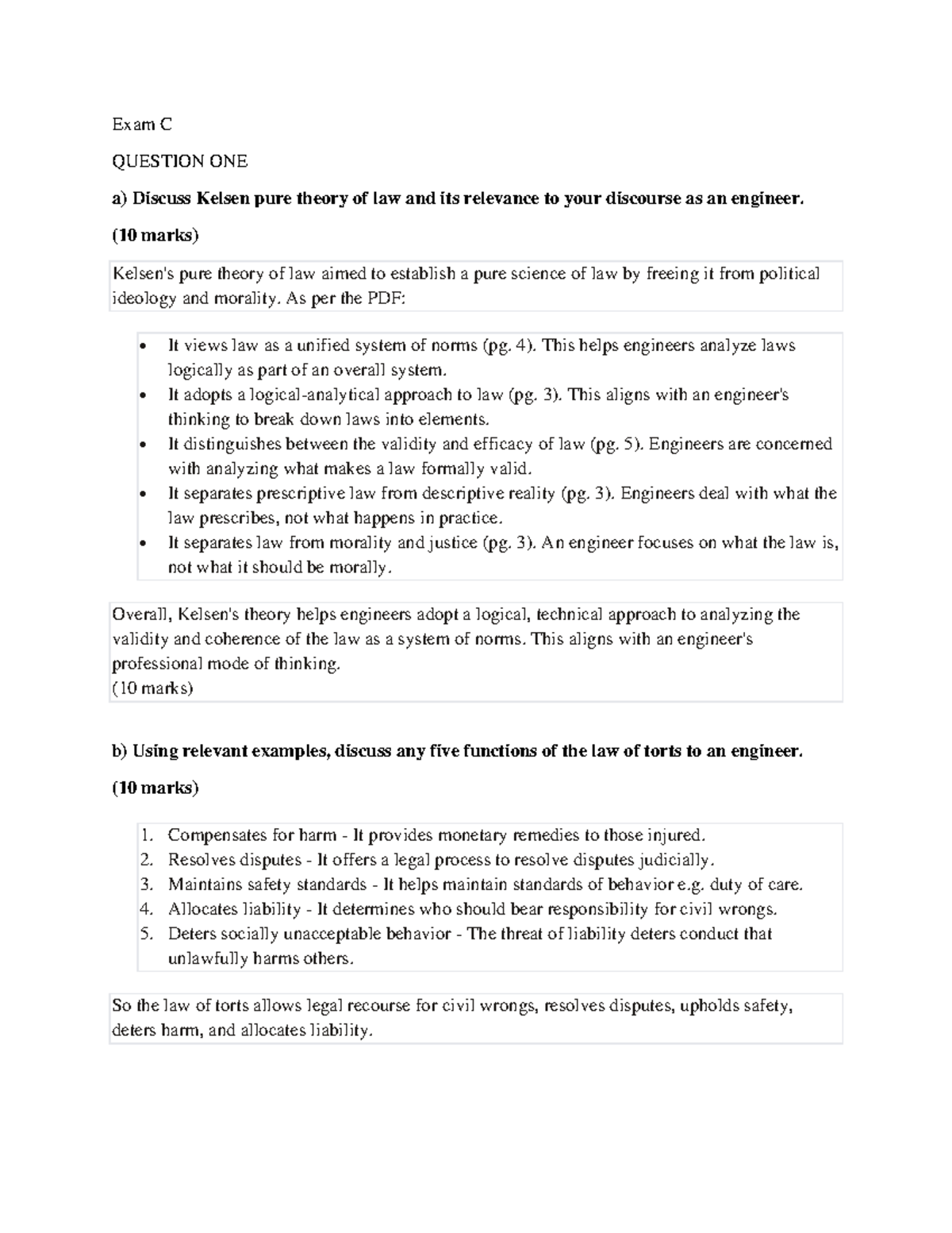 Exam Civ - Answers - Exam C QUESTION ONE a) Discuss Kelsen pure theory ...