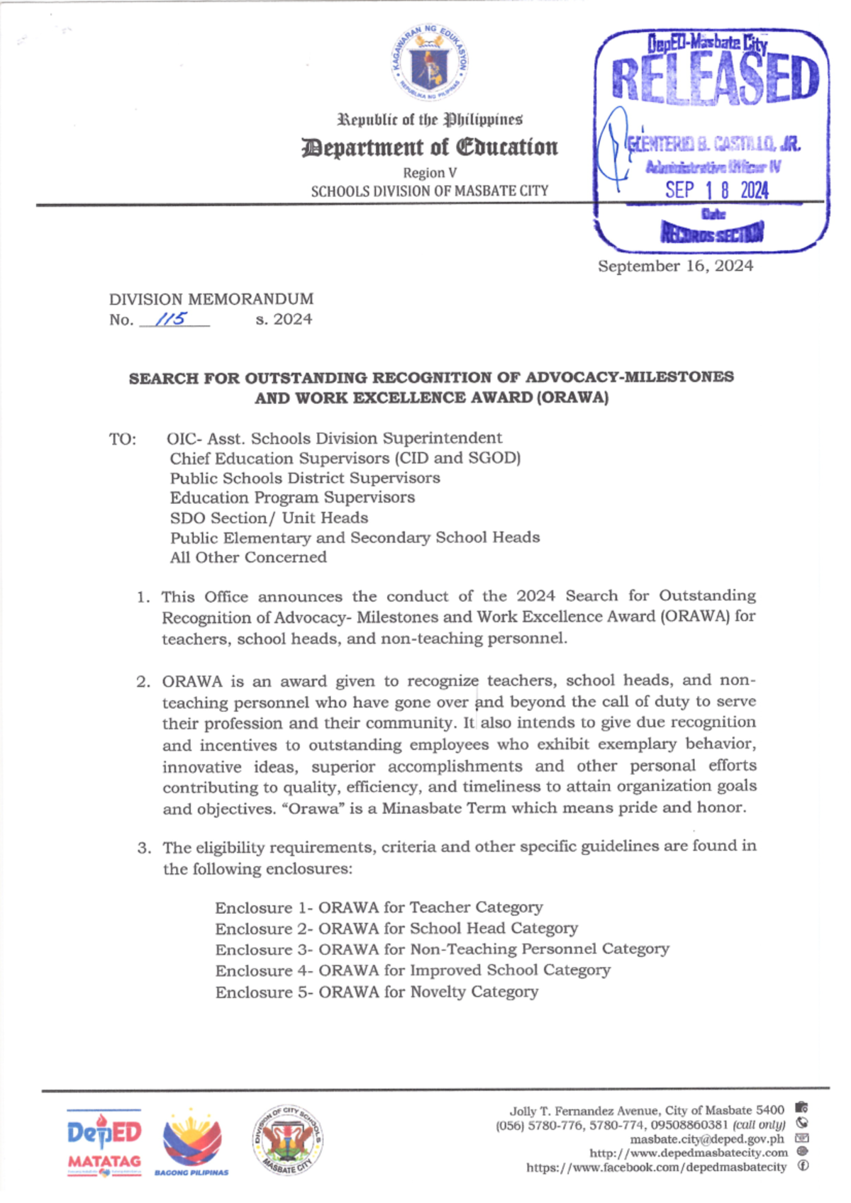 DM. NO. 115, S. 2024- Search FOR Outstanding Recognition OF Advocacy- Milestones AND WORK ...