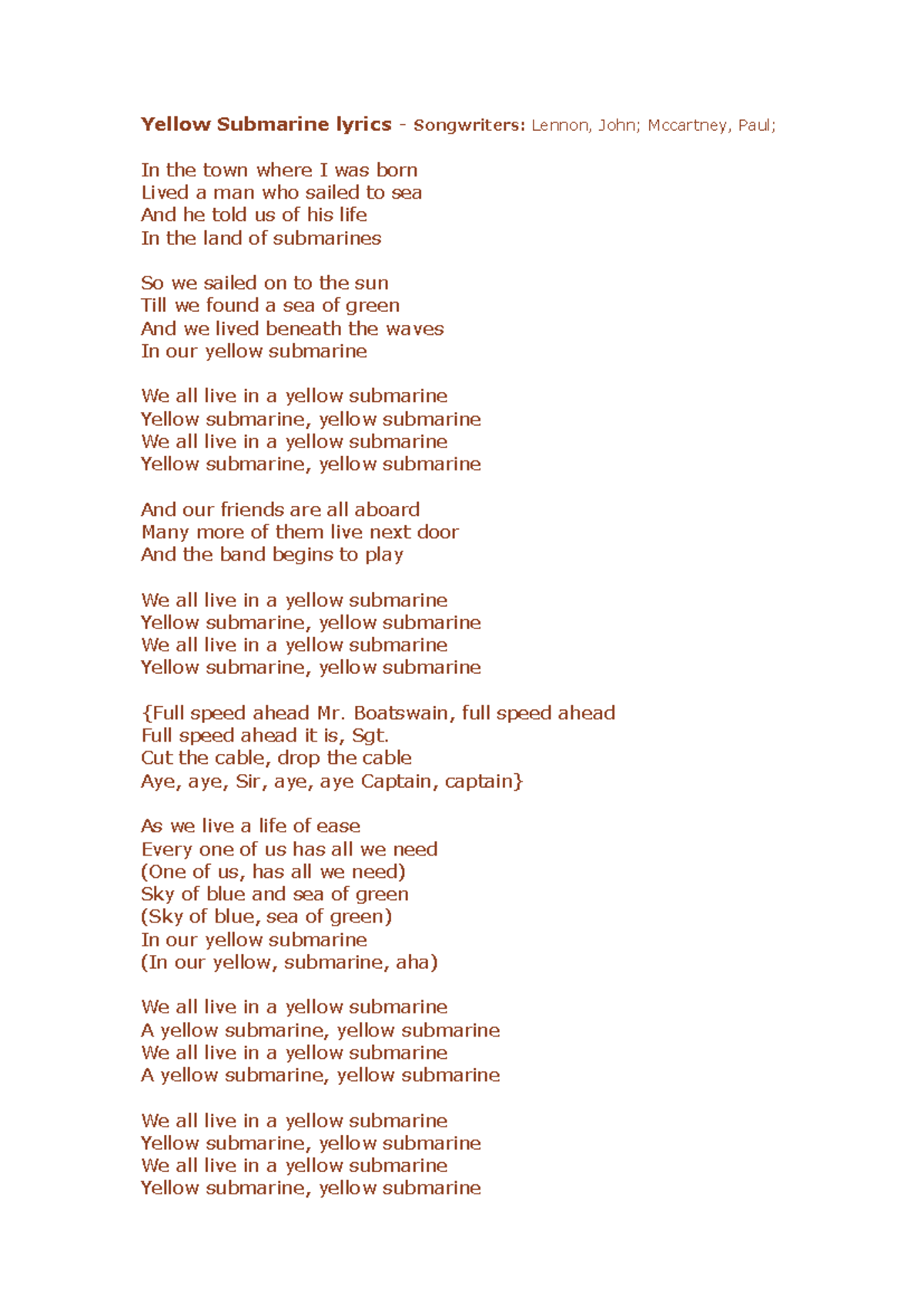 Yellow Submarine lyrics - Boatswain, full speed ahead Full speed ahead ...