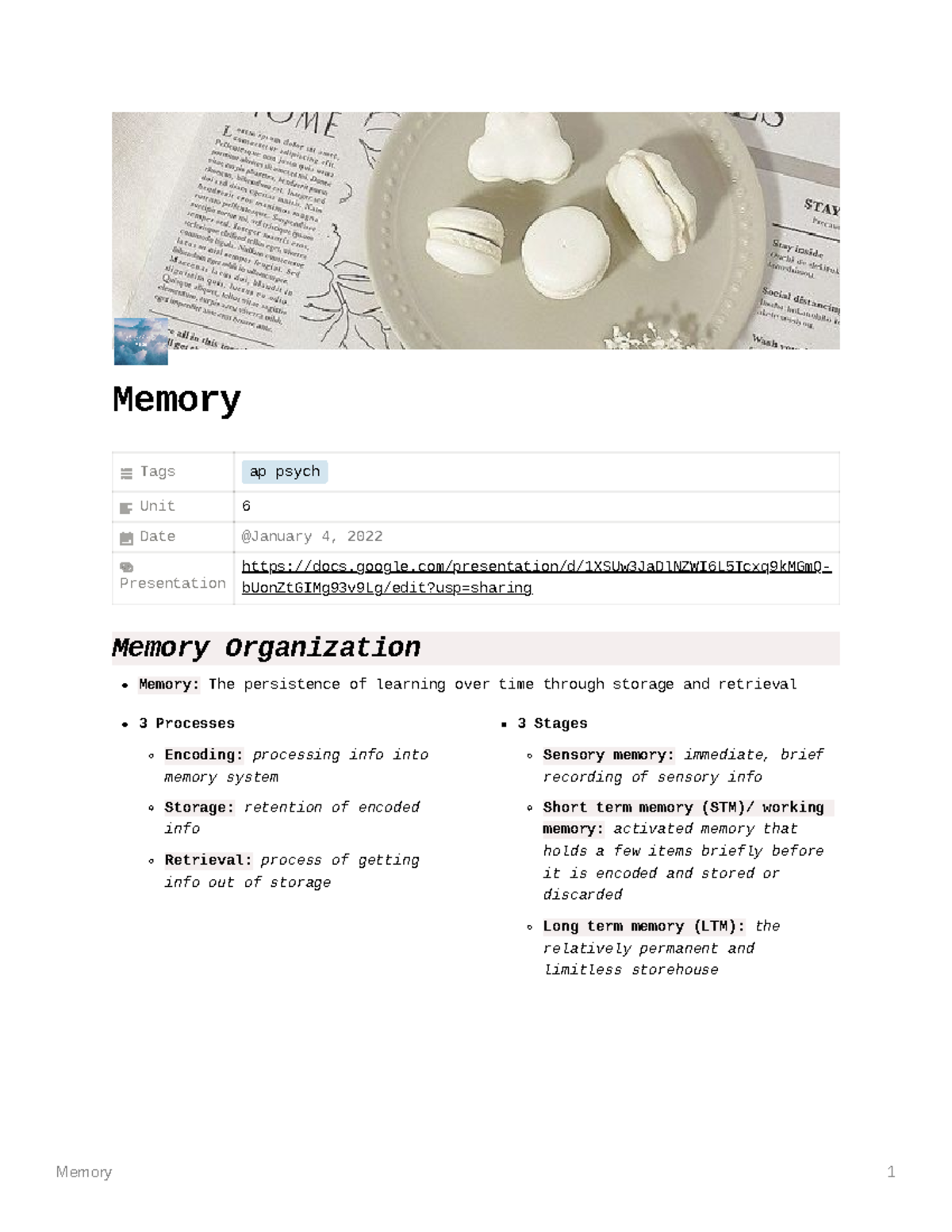 Memory - Memory Tags ap psych Unit 6 Date Presentation - Studocu