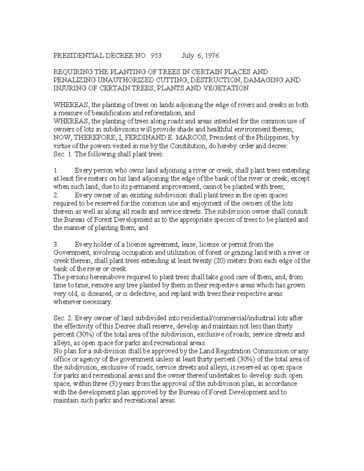 Pd-953-tree-planting compress - PRESIDENTIAL DECREE NO. 953 July 6 ...