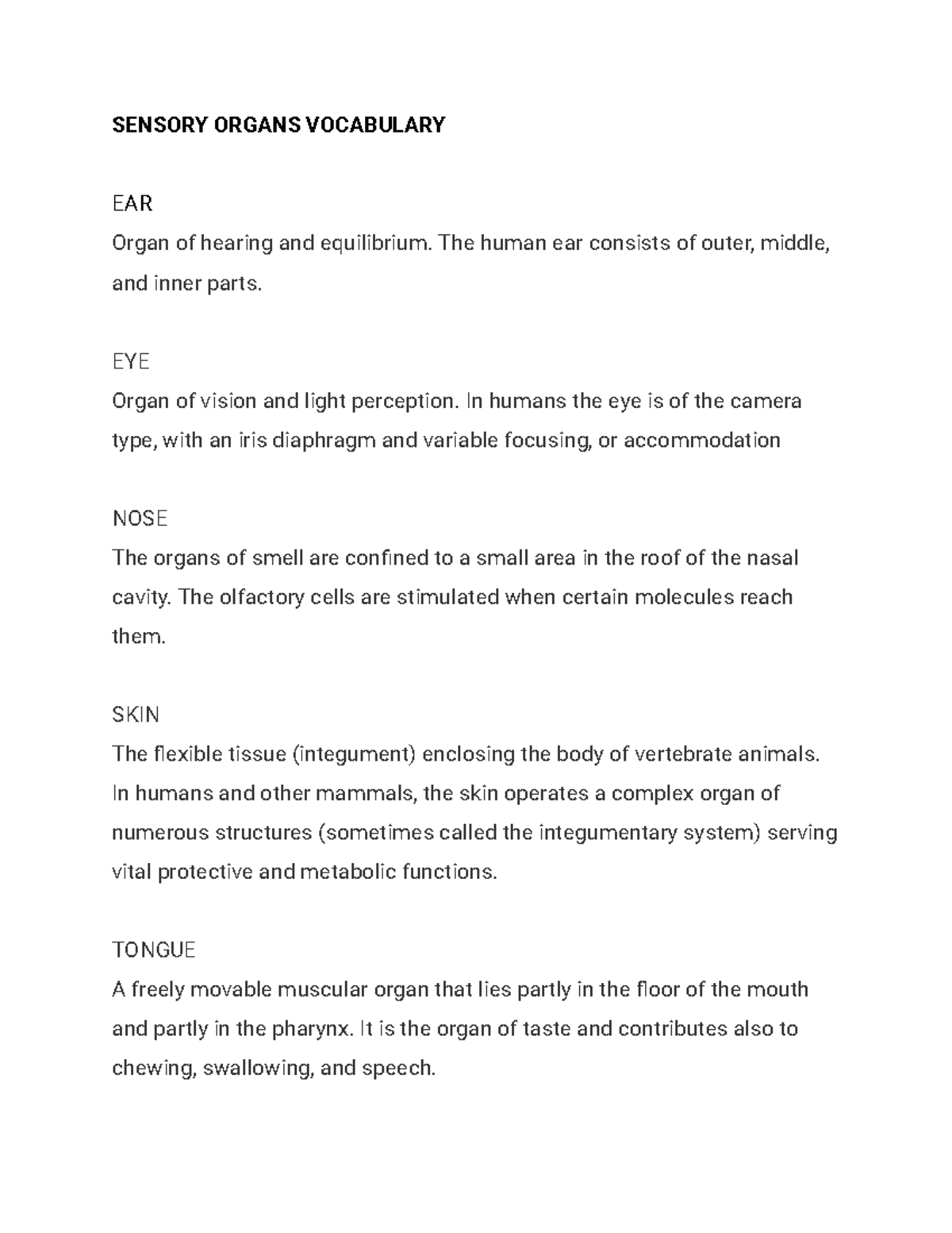 Sensory Organs Vocabulary - SENSORY ORGANS VOCABULARY EAR Organ of ...