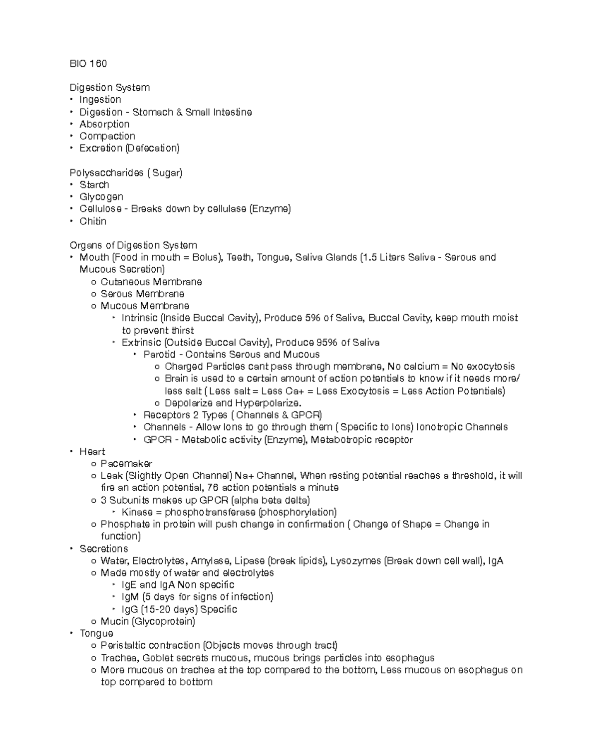 Week 1 BIO 160 - BIO 160 Digestion System Ingestion Digestion - Stomach ...
