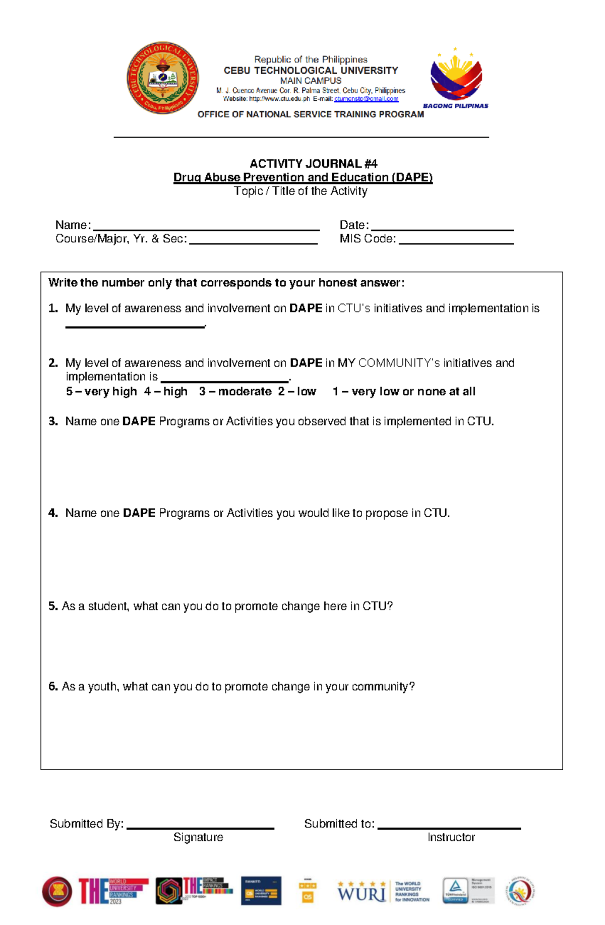 Activity Journal 3 DRUG Awareness - Write the number only that ...