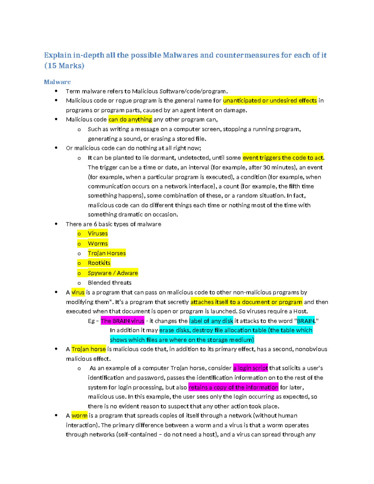04 Malware and Countermeasures - Explain in-depth all the possible ...