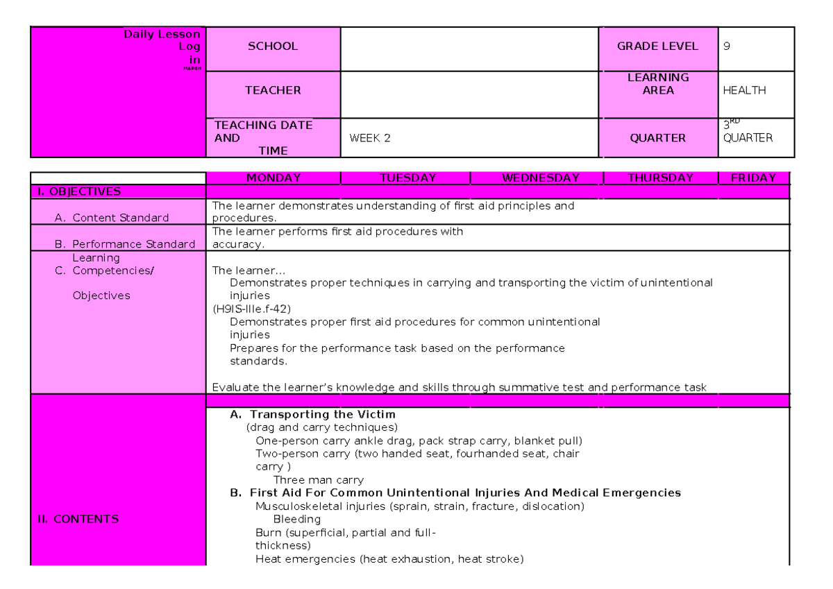 Q3- Health DLL WK2 - COT PLAN - Daily Lesson Log SCHOOL GRADE LEVEL 9 in MAPEH TEACHER LEARNING ...
