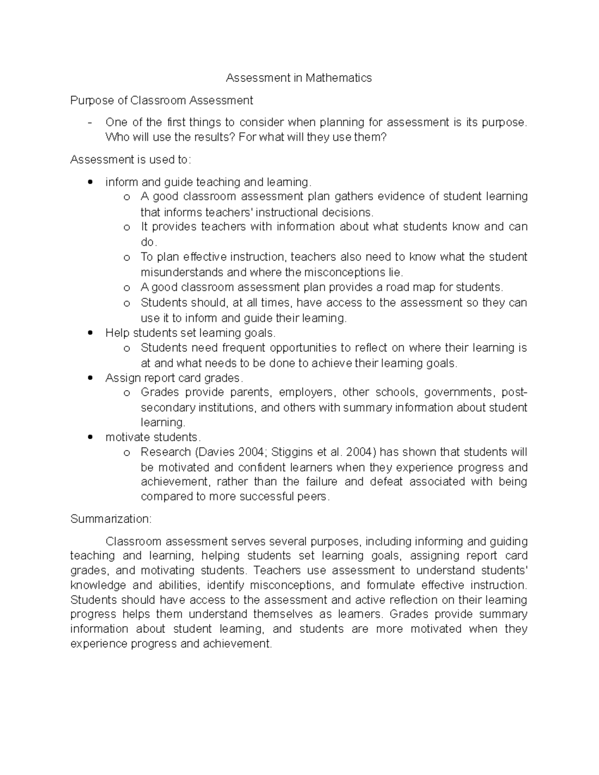 Assessment in Mathematics - Assessment in Mathematics Purpose of ...