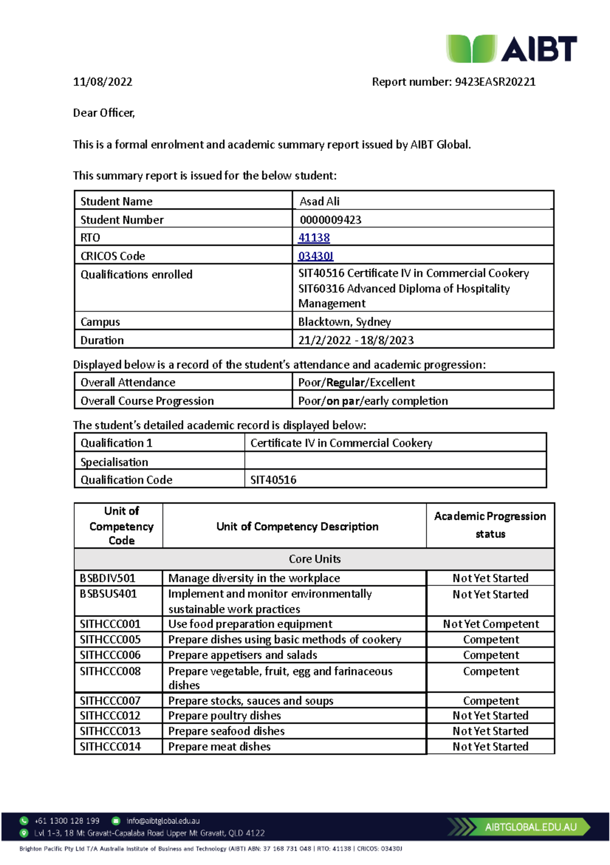 Progression letter Asad Ali 0000009423 - 11/08/2022 Report number ...