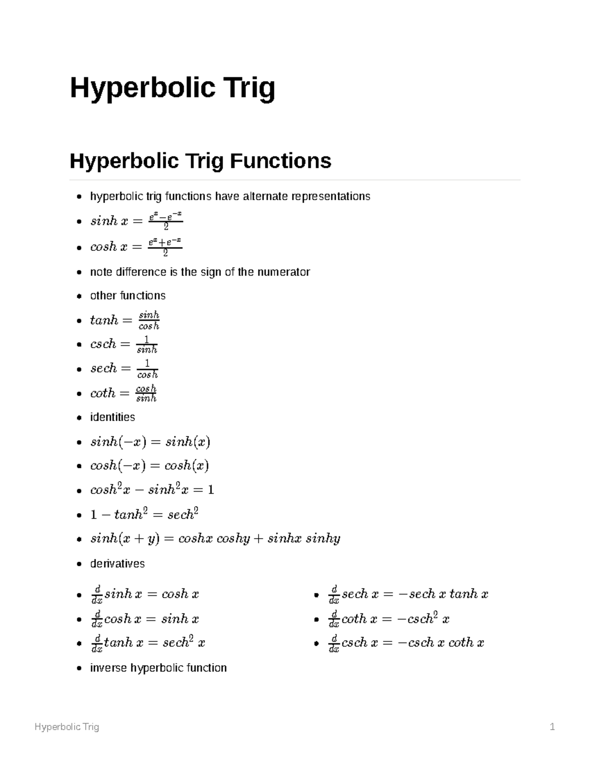 Hyperbolic Trig - Studocu